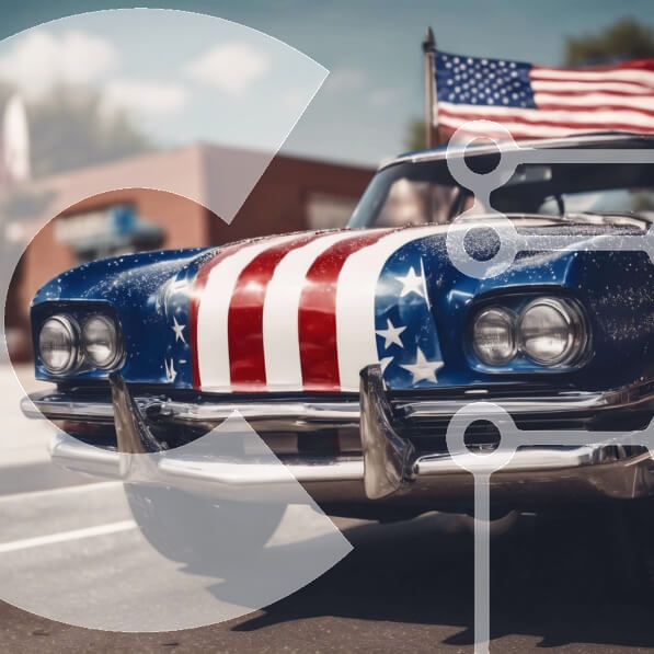 Classic Car with American Flag on Street stock photo | Creative Fabrica