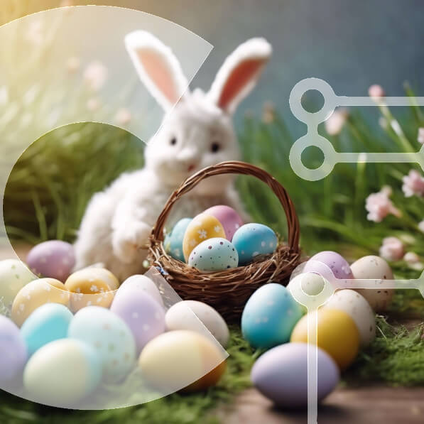 White Bunny with Easter Basket and Colorful Eggs in Spring stock photo ...