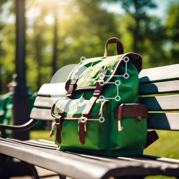Green Backpack Resting on Bench in Park stock photo | Creative Fabrica