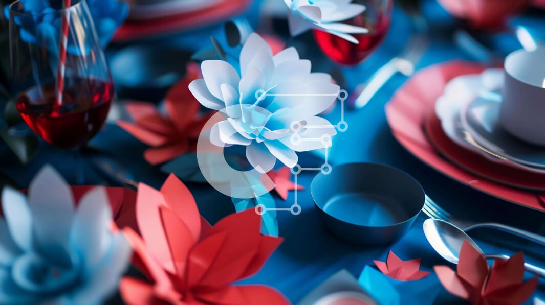 Festive Table Setting with Paper Flowers and Silverware stock photo ...