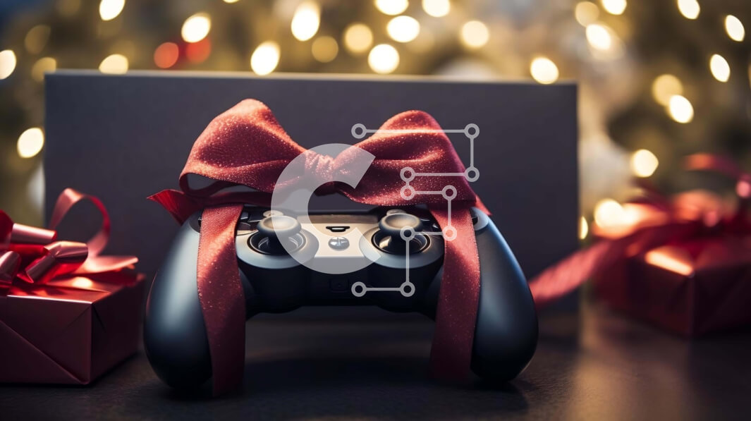Festive Video Game Controller on Gift Boxes stock photo | Creative Fabrica