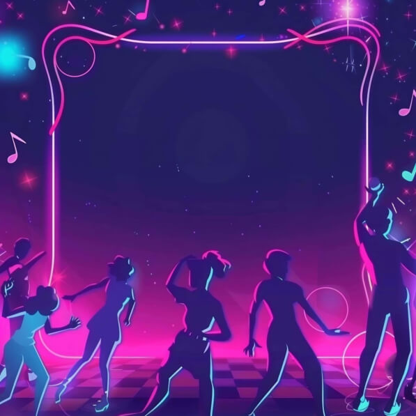 Download Neon Background with People Dancing and Music Notes ...