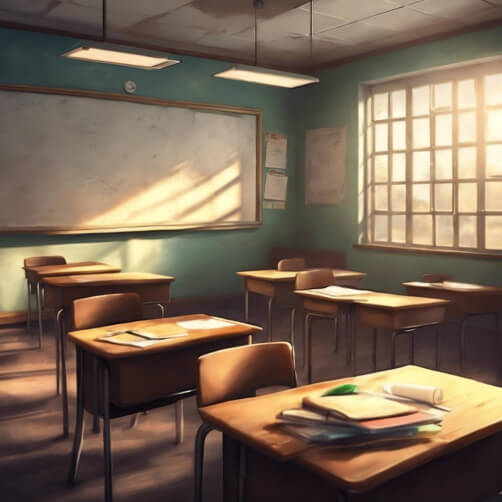 Download Watercolor Painting of an Empty Classroom with Wooden Desks ...
