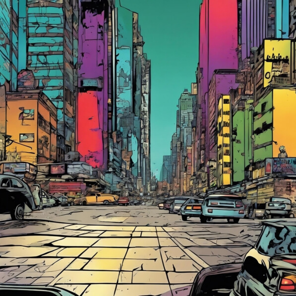 Download City Street with Colorful Buildings, Cars, and Pedestrians ...