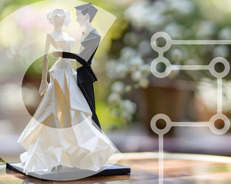 Elegant Origami Bride and Groom Figurine with Flowers stock photo | Creative Fabrica