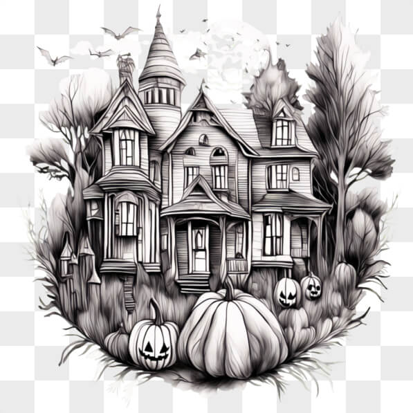 Download Spooky Halloween Drawing of an Old House with Pumpkins, Bats ...