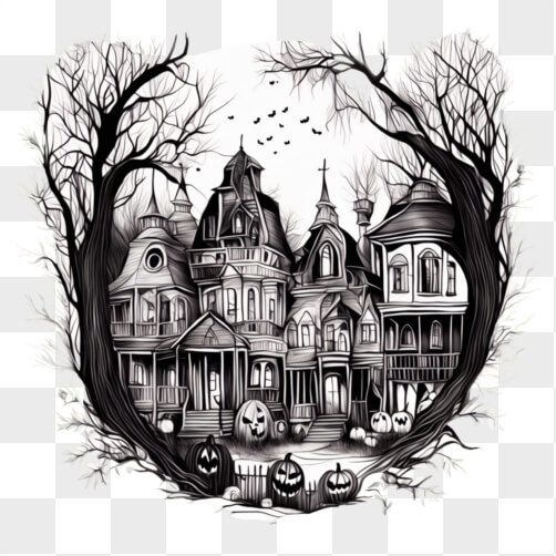 Download Eerie Black and White Halloween Town Drawing PNGs Online ...