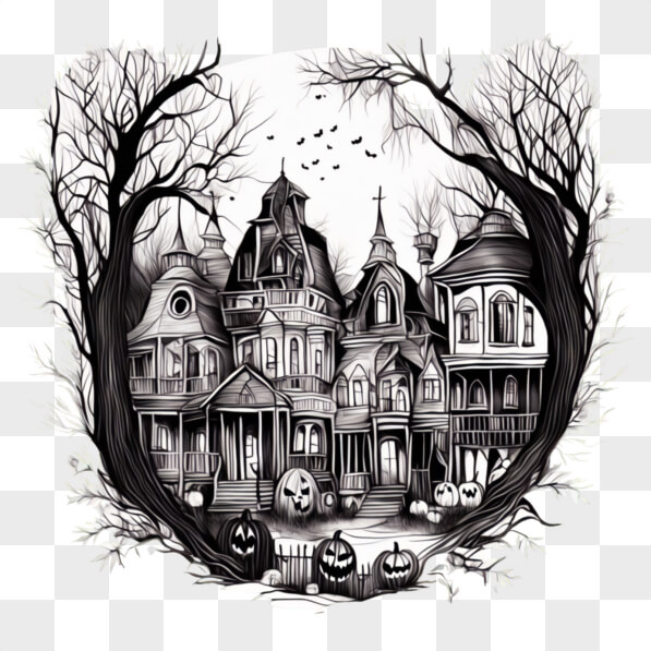 Download Black and White Halloween Town Drawing PNGs Online - Creative ...