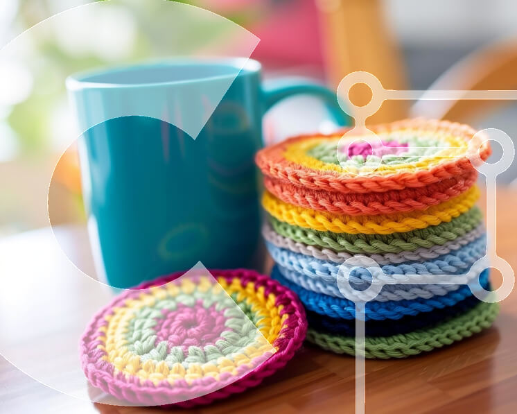 Handmade Crocheted Coasters with Blue Cup stock photo | Creative Fabrica