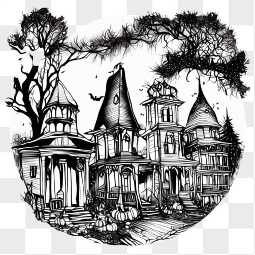 Download Eerie Black and White Halloween Town Drawing PNGs Online ...