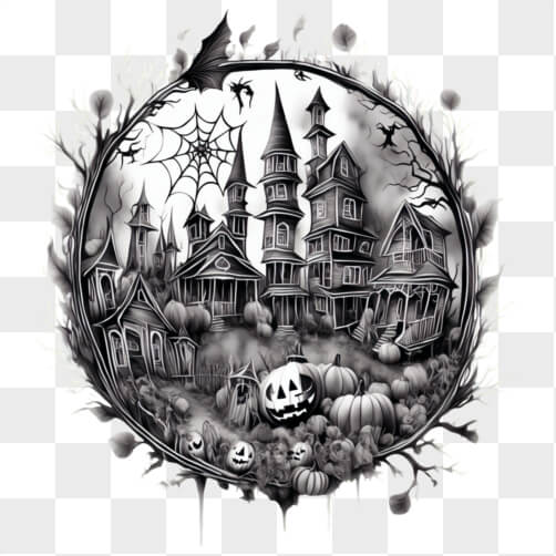 Download Eerie Black and White Halloween Town Drawing PNGs Online ...