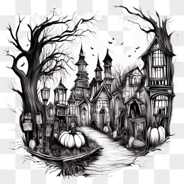 Download Eerie Black and White Halloween Town Drawing PNGs Online ...