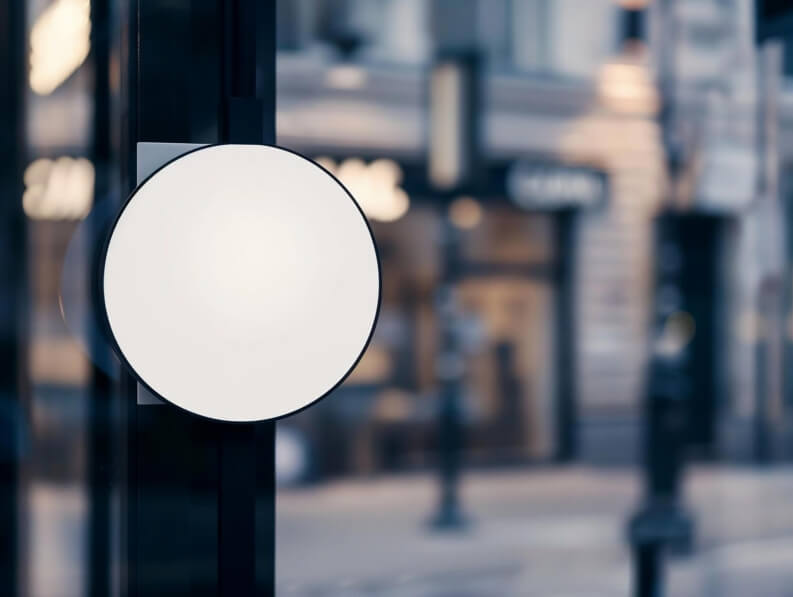 Download Circular Light Fixture on Empty Storefront with People Walking ...