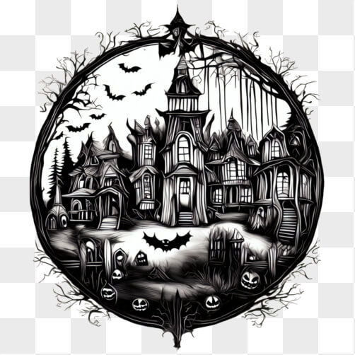 Download Eerie Black and White Halloween Town Drawing PNGs Online ...
