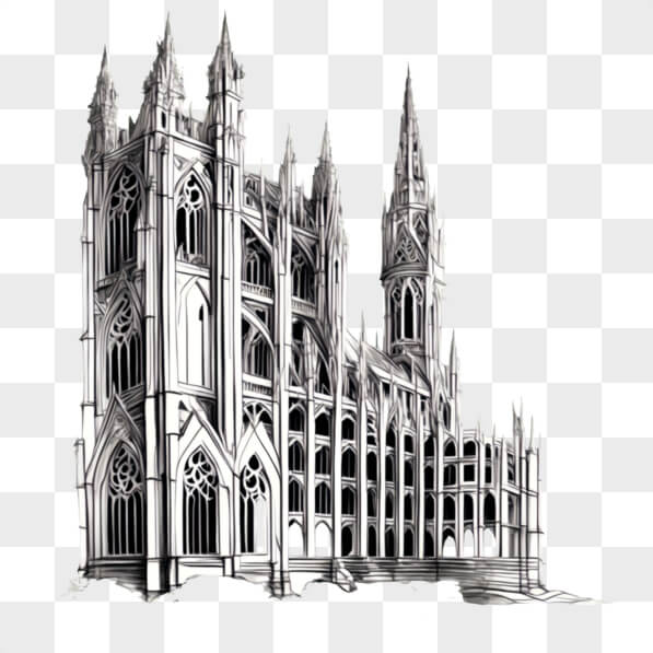 Download Black and White Drawing of a Cathedral with Gothic Towers PNGs ...