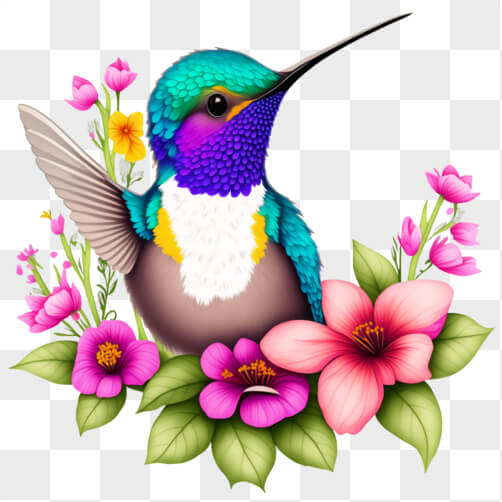 Download Playful Hummingbird on Bright Flowers PNG Online - Creative ...