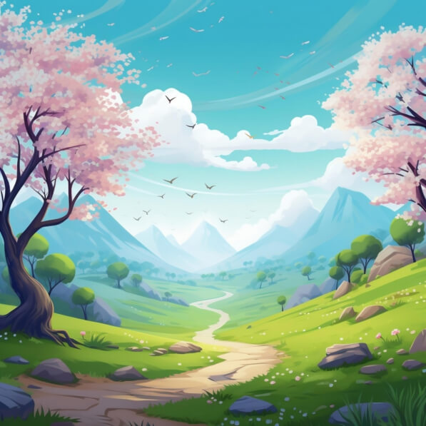 Download Cartoon-Style Landscape with Cherry Blossoms and Birds ...