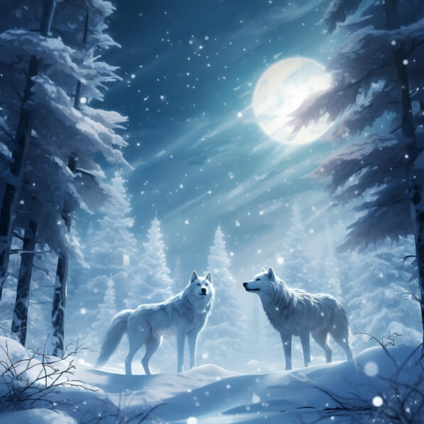 Download Two Wolves in Snowy Forest at Night Under Moonlight ...