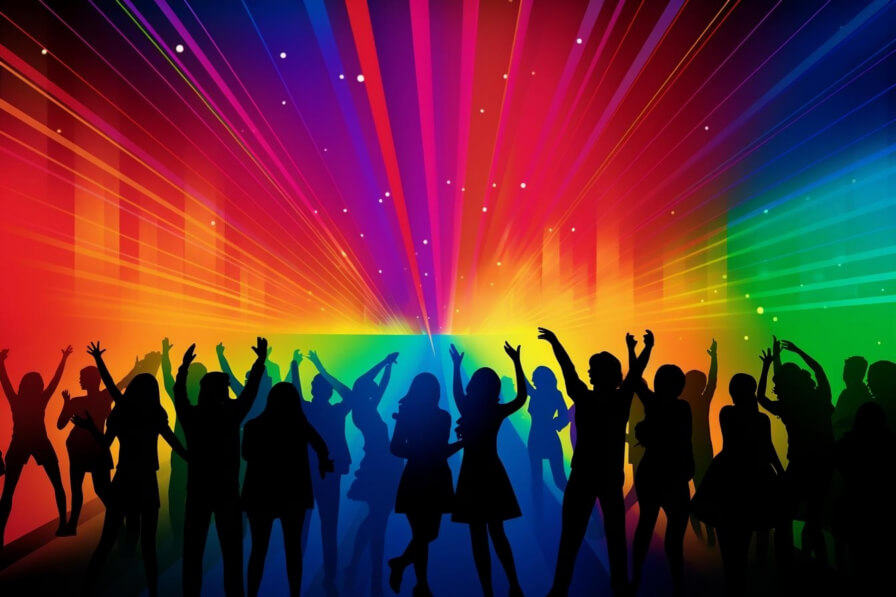 Download Colorful Party Scene with Dancing Silhouettes Backgrounds ...