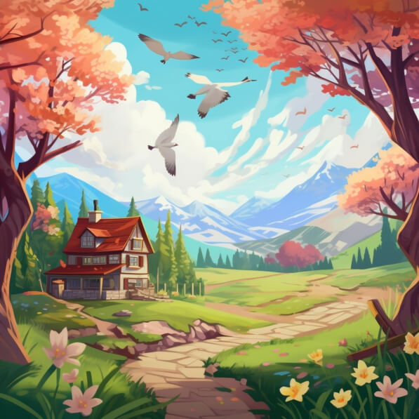 Download Cartoon-Style Landscape with House, Trees, and Birds ...