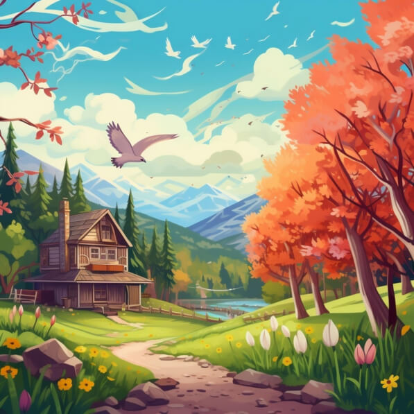 Download Scenic Landscape with Trees, Flowers, Birds, and House ...
