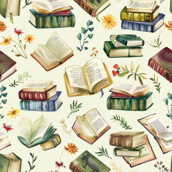 Download Seamless Pattern of Open Books, Flowers, and Leaves Patterns ...