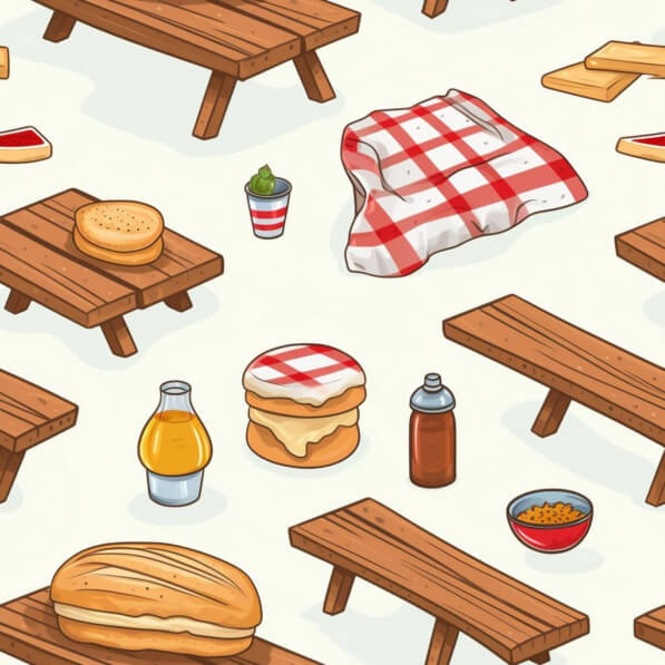 Download Picnic Tables with Food and Wooden Benches Patterns Online ...