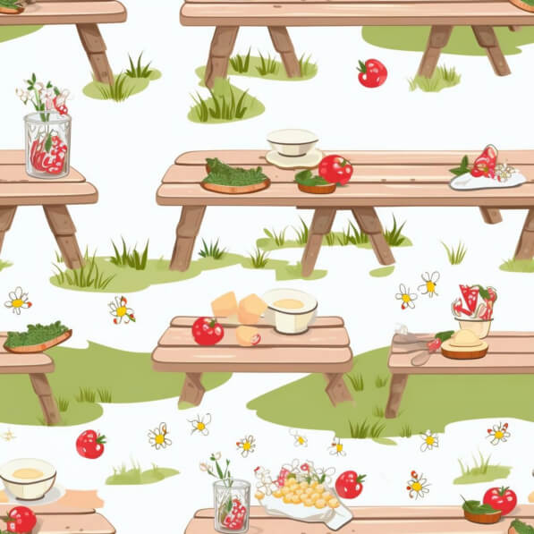Download Wooden Picnic Tables with Food Items Patterns Online ...
