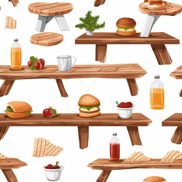 Download Wooden Picnic Table Pattern with Various Food Items Patterns ...