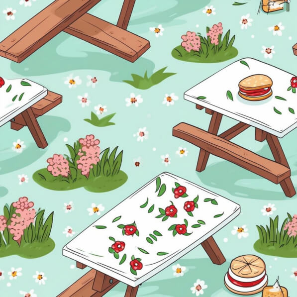 Download Serene Picnic Setting with Picnic Tables and Flowers Patterns ...