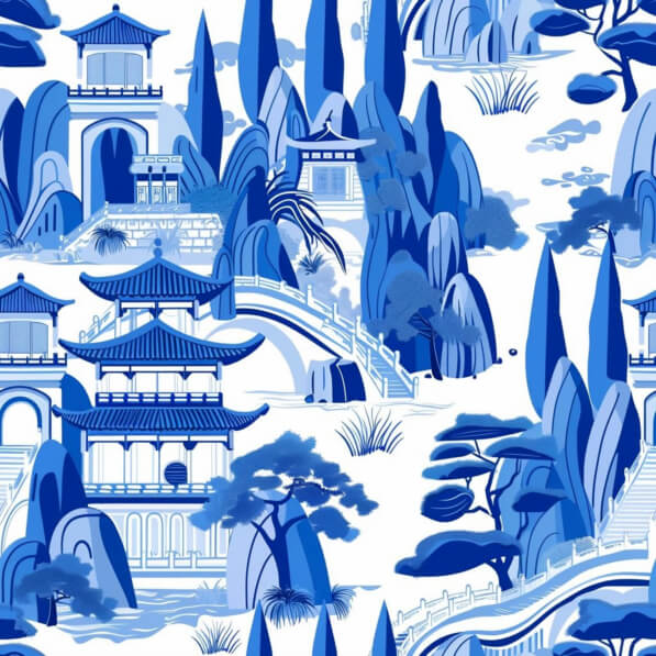 Download Blue and White Seamless Pattern with Buildings, Trees, and ...