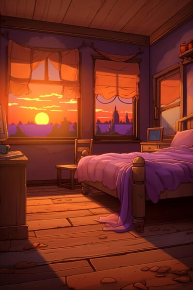 Download Cozy Bedroom With Purple Bed And Sunset View Backgrounds Online Creative Fabrica