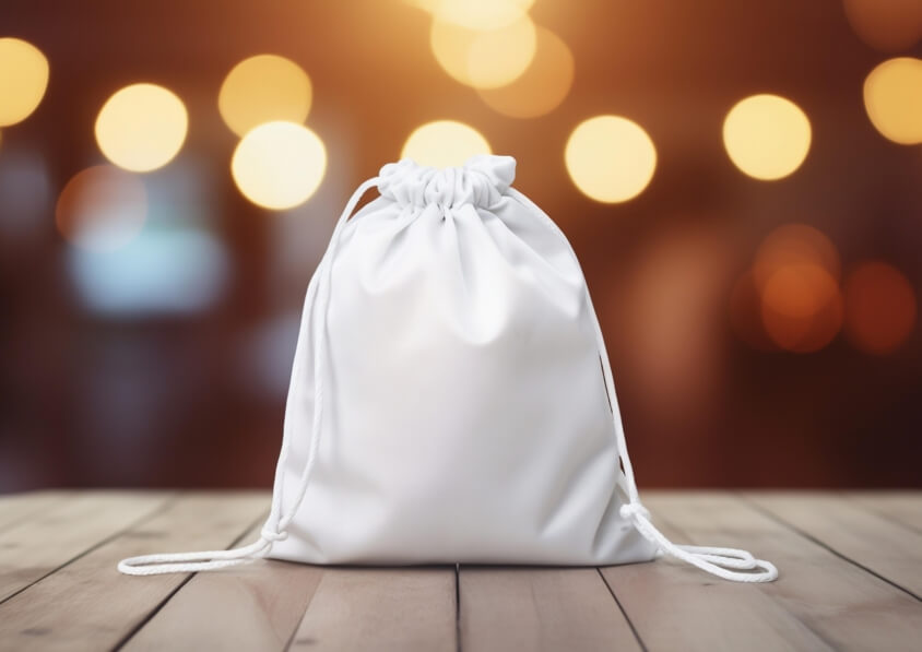 Download White Drawstring Bag on Wooden Table Mockups Online - Creative ...