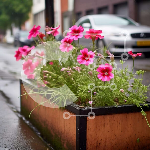 Download Pink Flowers in Planter Box on Sidewalk with Passing Cars ...