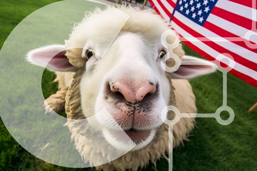 Szczęśliwa owca na trawie obok amerykańskiej flagi zdjęcia stockowe | Creative Fabrica