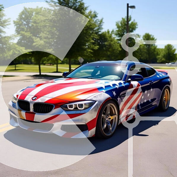 Patriotic Red, White, and Blue Car with American Flag Design stock ...