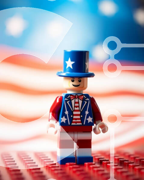 Patriotic Lego Figure on Red, White, and Blue Bricks stock photo ...