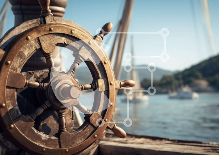 Maritime Scene with Ship's Steering Wheel and Boats stock photo ...