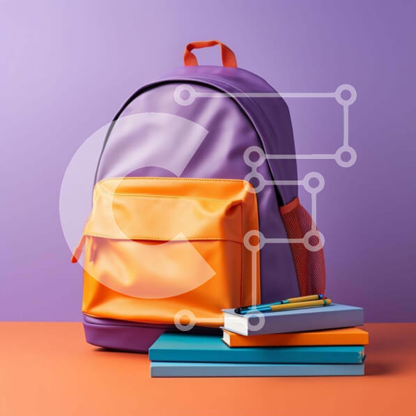 Educational Image with Purple Backpack, Blue and Orange Books, and Pens ...