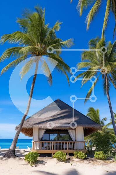 Tropical Beach Scene with Palm Trees and Ocean stock photo | Creative ...