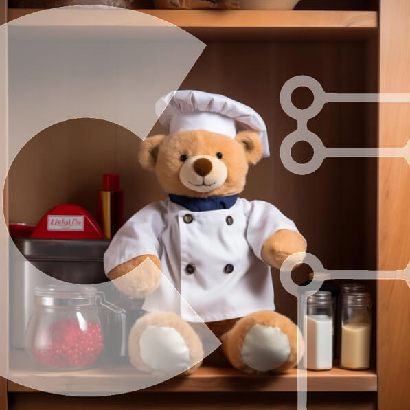 Teddy Bear Chef on Shelf with Cooking Items stock photo | Creative Fabrica