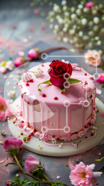 Gâteau rose avec des roses et des fruits frais photo stock | Creative ...