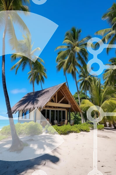 Thatched-Roof Cottage on a Beach with Palm Trees stock photo | Creative ...