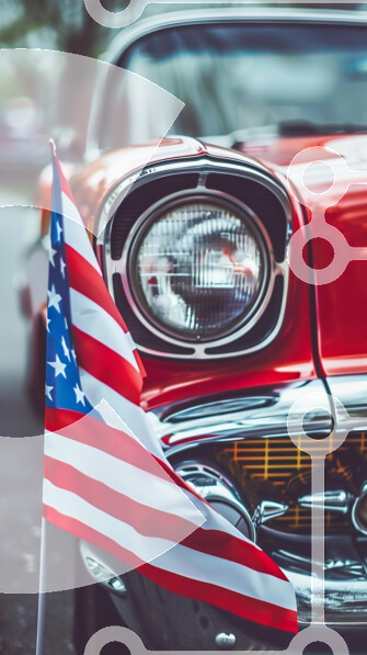 Red Classic Car with American Flag for 4th of July Celebration stock ...