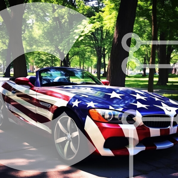 Red, White, and Blue Sports Car with American Flag Parked Near Trees ...