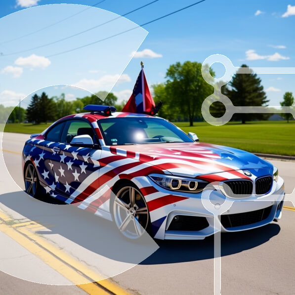 Car with American Flag Driving Down the Road stock photo | Creative Fabrica