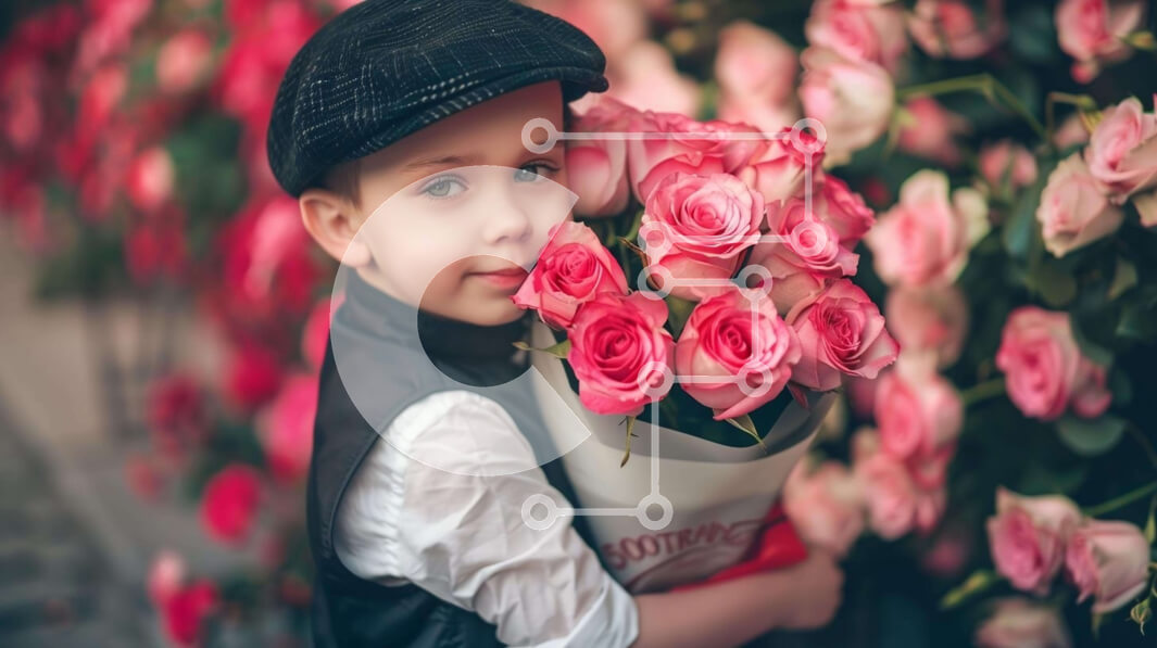 Young Boy with Pink Roses in a Garden stock photo | Creative Fabrica