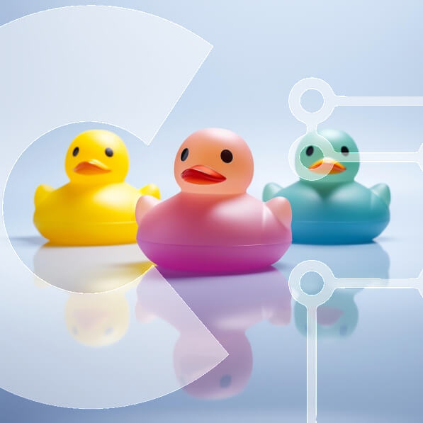 Colorful Rubber Ducks on Reflective Surface stock photo | Creative Fabrica