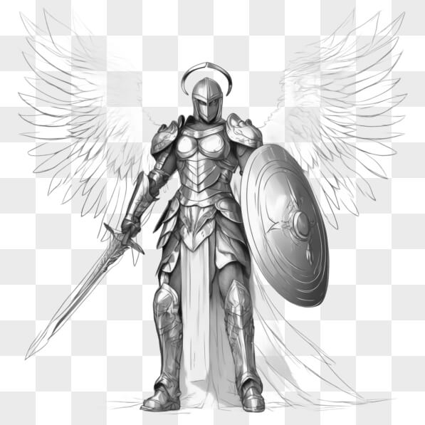 Descarga Dibujo en Blanco y Negro de un Ángel con Espada y Escudo ...