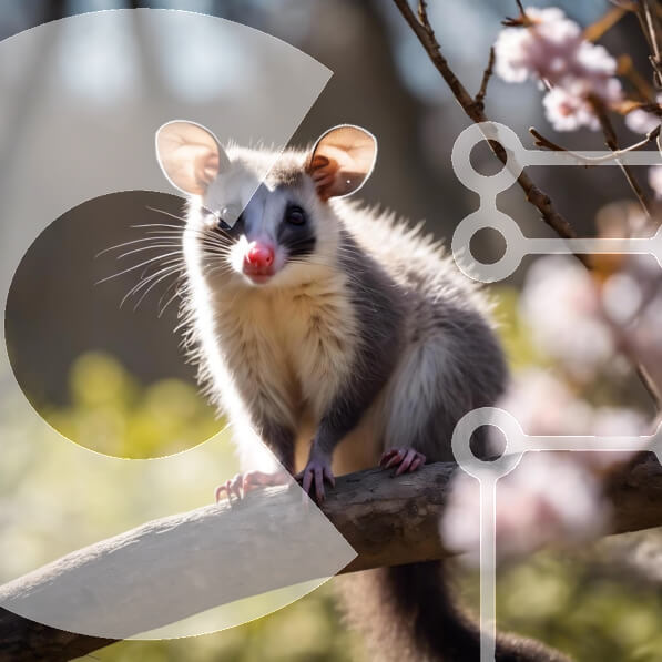 Gray and White Possum on Tree Branch with Pink Flowers stock photo ...